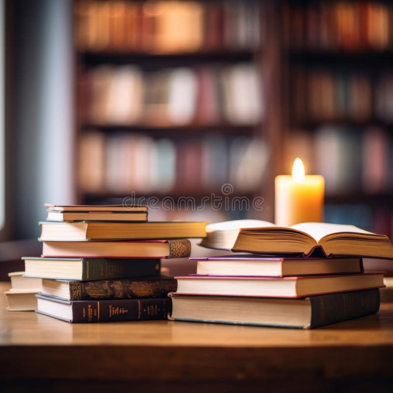 Stack of Books and Cantovars on Wooden Table and Blurred Bookshelf in ...