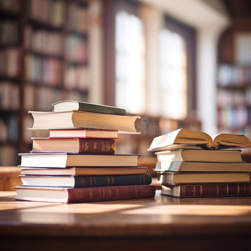 Stack of Books and Cantovars on Wooden Table and Blurred Bookshelf in ...