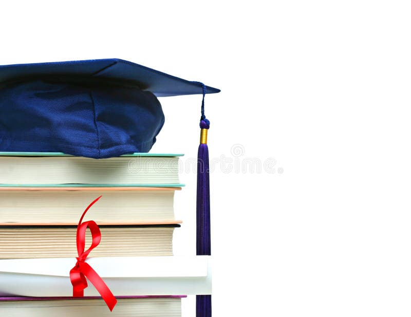Stack of Books with Cap and Diploma on White Stock Image - Image of ...