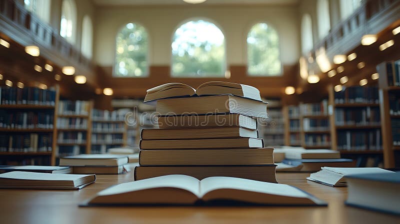 Stack of Books in a Classic Library Setting with Natural Light and Warm ...