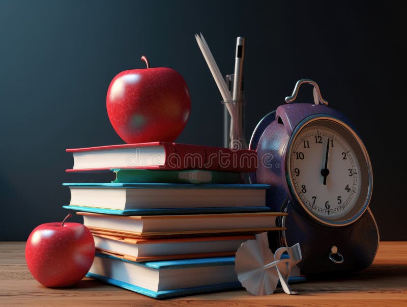 Stack of Books, a Clock and an Apple on a Wooden Table with a Black ...
