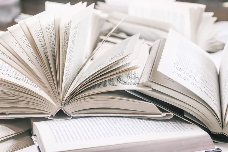 Stack of Books, Close Up. Open Book on the Table in Library. Back To ...