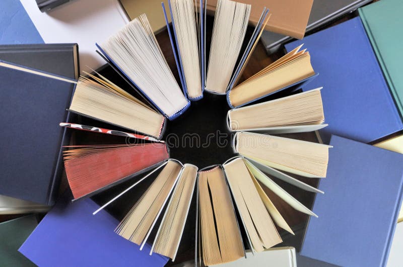 Stack of Books, Close Up. Open Book on the Table in Library. Back To ...