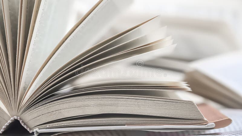 Stack of Books, Close Up. Open Book on the Table in Library. Back To ...
