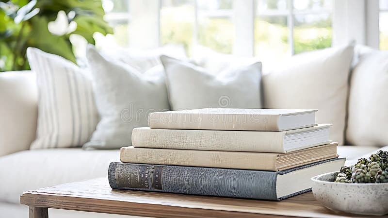A Stack of Books on a Coffee Table in Front of a Couch Stock Photo ...