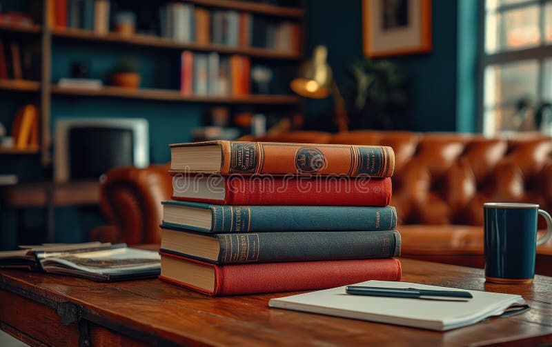 Stack of Books on a Coffee Table with a Pen Notebook in a Cozy Reading ...