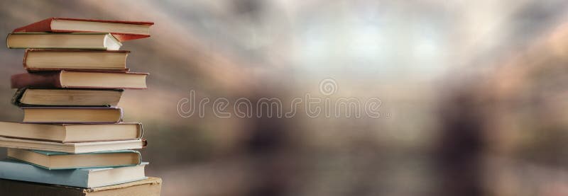 Stack of Books in the Library Room Lay on the Wood Table with Brick ...