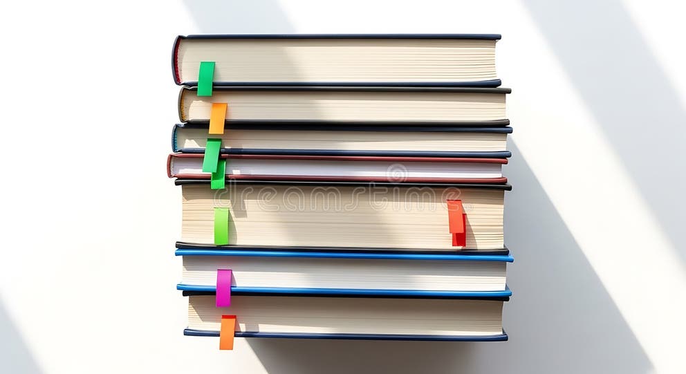 Stack of Books with Colorful Bookmarks on White Background for Study ...