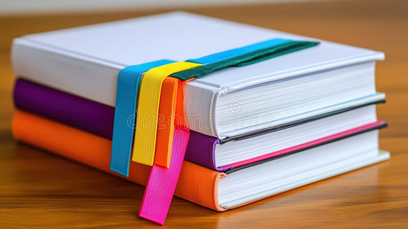 Stack of Books with Colorful Bookmarks on Wooden Table Stock Image ...