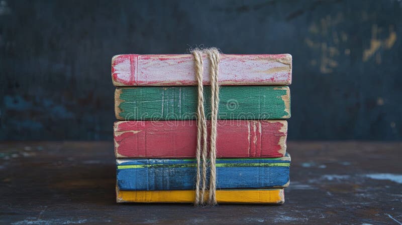 A Stack of Books with Colorful Spines, Tied Together with Twine Stock ...