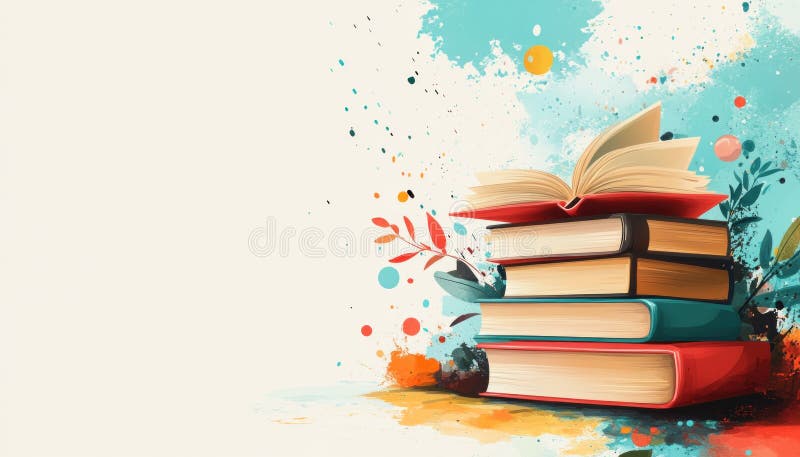 Stack of Books with Colorful Splashes and Leaves Design Element Stock ...