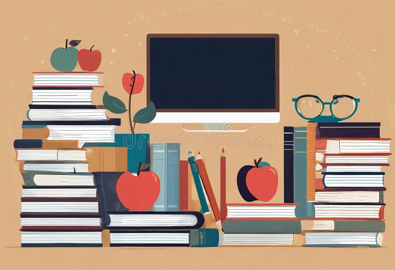 Stack of Books with a Computer Monitor and Two Apples on Top Stock ...