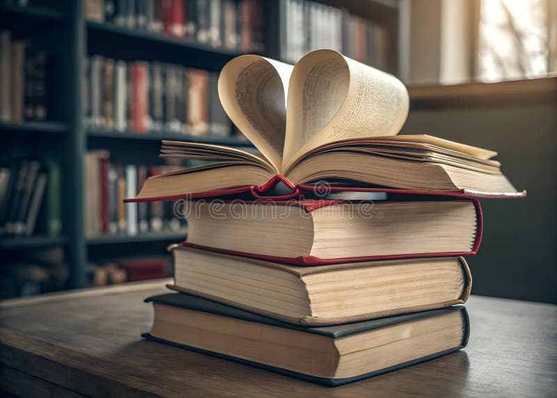 Stack of Books in a Cozy Library with One Open Book Creating a Heart ...