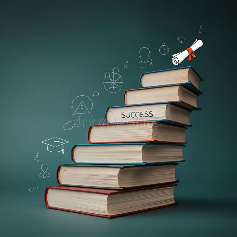 A Stack of Books Creates a Staircase, Leading Up To a Rolled Diploma ...