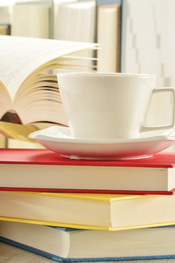 Stack of Books and Cup of Coffee Stock Image - Image of glass ...