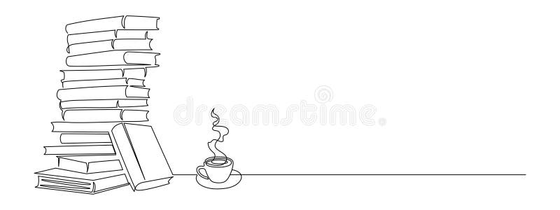 Stack Books and Cup of Coffee in One Continuous Line Drawing. Writing ...