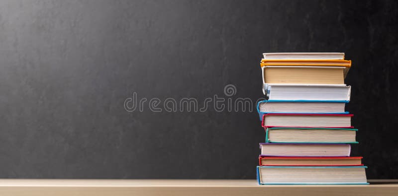 Stack of Books on Desk with Chalkboard Stock Image - Image of space ...