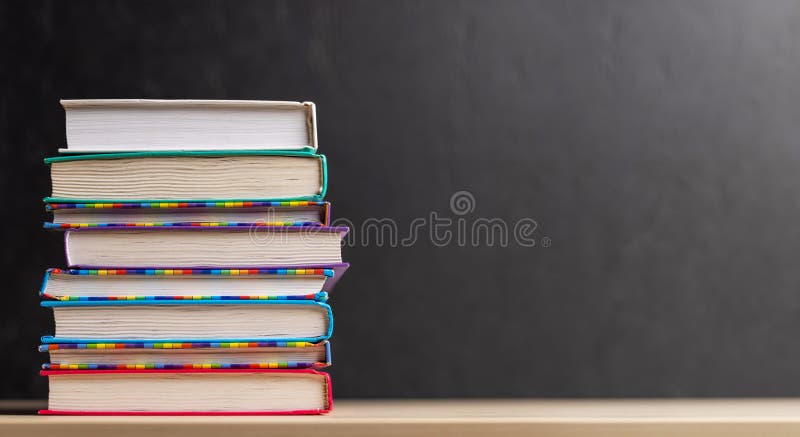 Stack of Books on Desk with Chalkboard Stock Photo - Image of books ...
