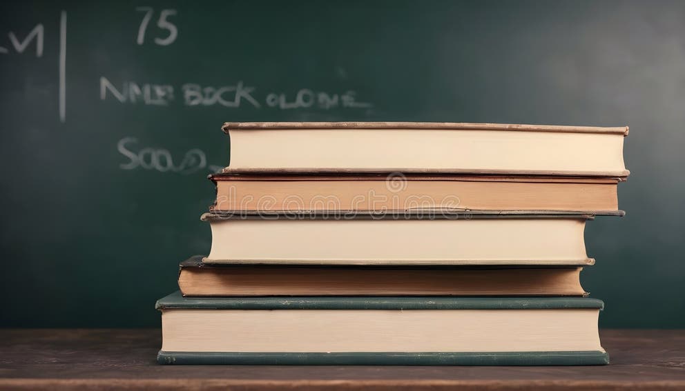 Stack of Books on a Desk in Front of a Green Chalkboard Stock Image ...