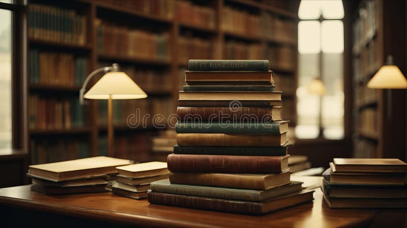 Stack of Books on Desk in Library, Education and Learning Concept Stock ...