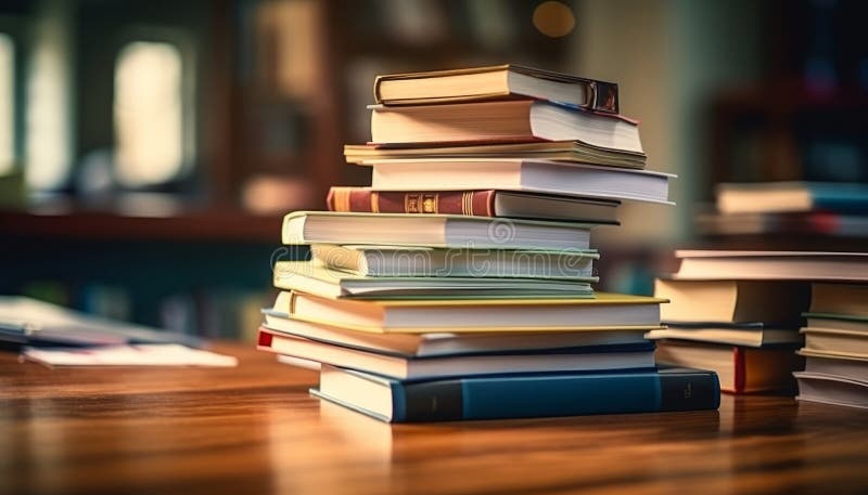 Stack of Books on Desk in Library, Education and Learning Concept ...