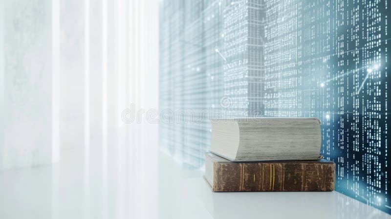 Stack of Books with Digital Data Flow Overlay on a Bright Background ...