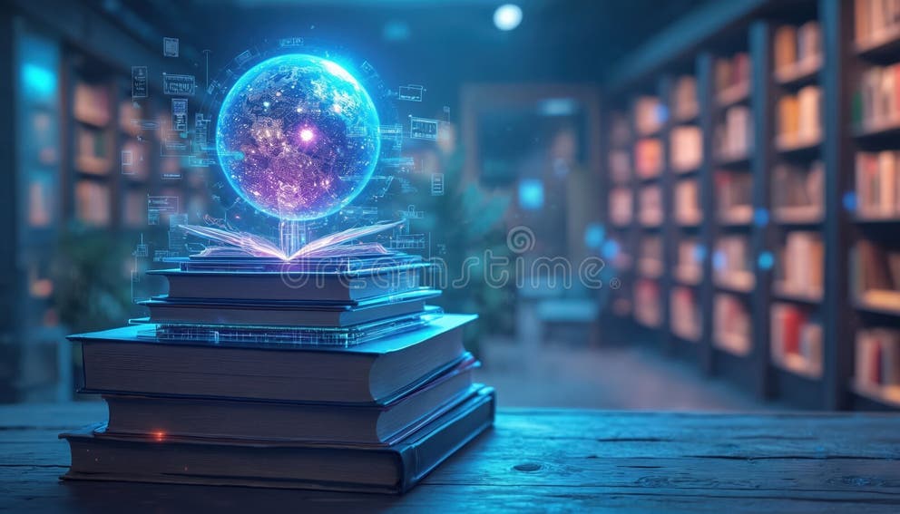 Stack of Books and Digital Globe with Data Symbols. Futuristic E ...