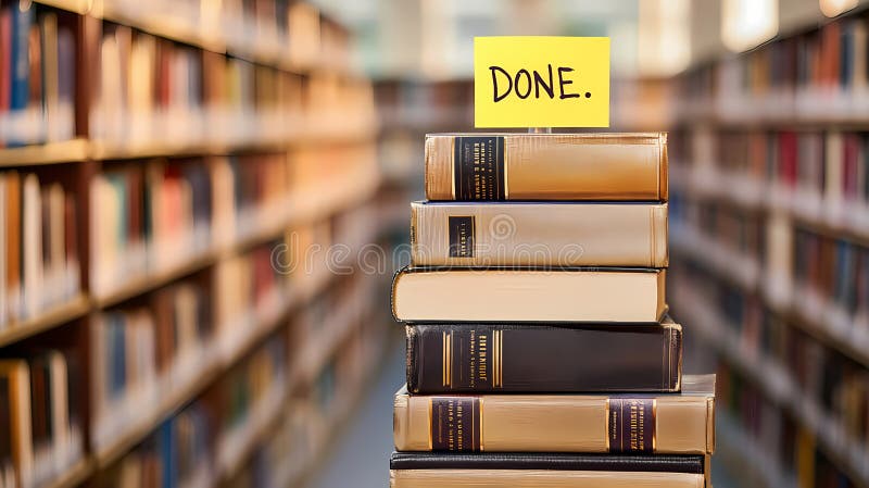 Stack of Books with a Done Sticky Note in a Library Stock Photo - Image ...