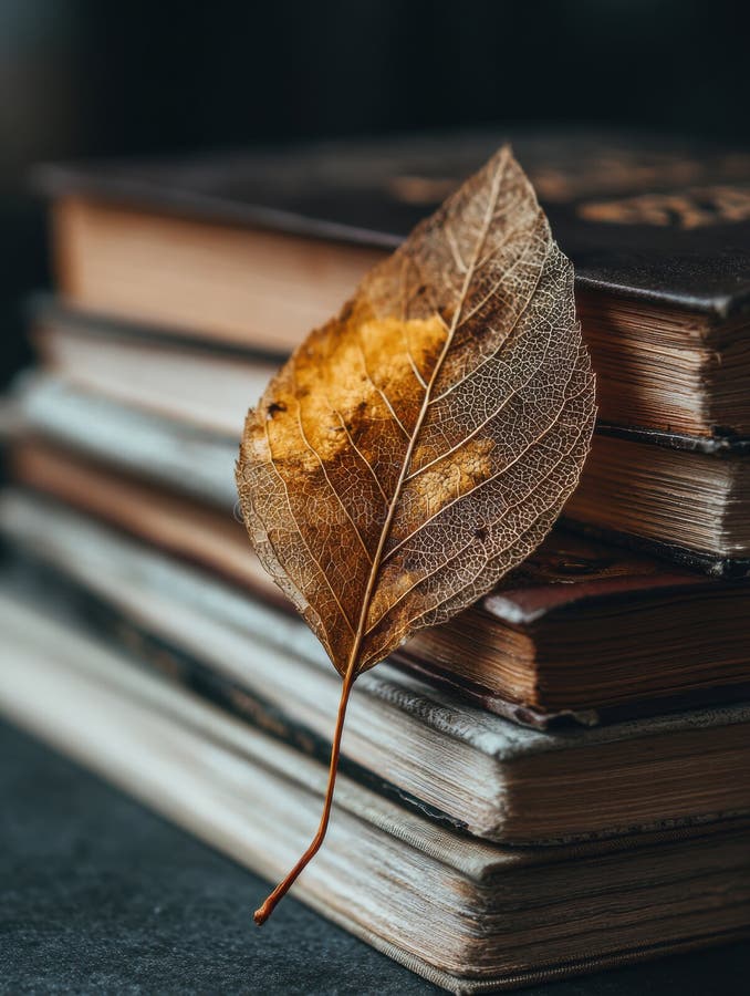 Stack of Books with a Dried Leaf Bookmark Resting on Top in a Cozy ...