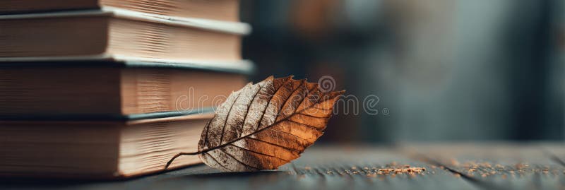 Stack of Books with Dried Leaf Bookmark on Wooden Table in Cozy Indoor ...
