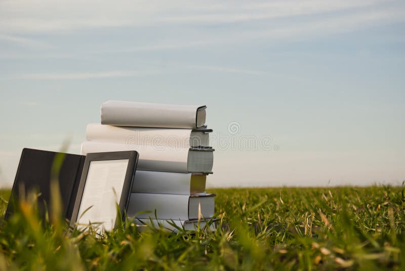 Stack of Books with Ebook Reader Stock Image - Image of text, paper ...
