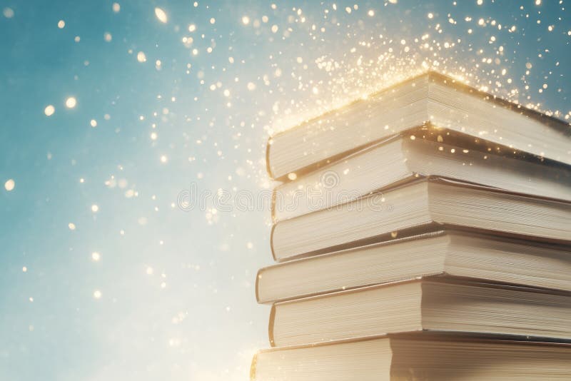Stack of Books Emitting Golden Light Sparkles on Blue Background, Copy ...
