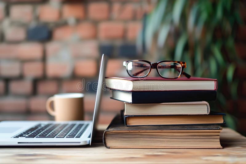 Stack of Books with Eyeglasses and Laptop on Wooden Table Stock ...