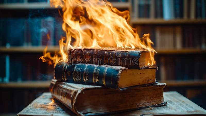 A Stack of Books on Fire in Front of a Bookshelf Stock Image - Image of ...