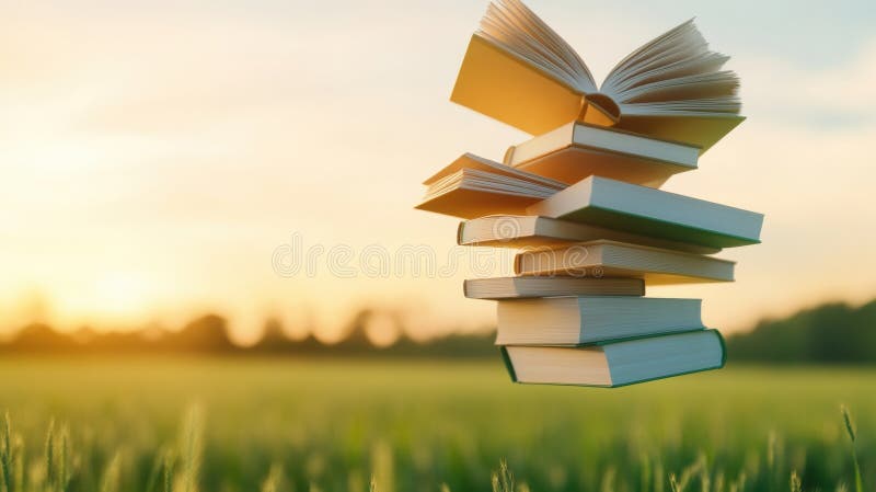 Stack of Books Floating in a Serene Field at Sunset, Symbolizing ...