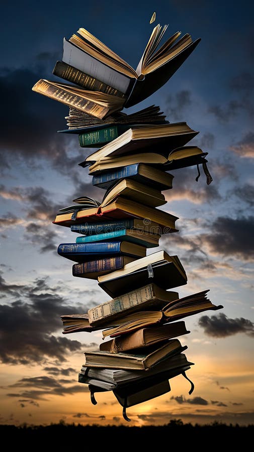 Stack of Books Floating in Sunset Sky Stock Illustration - Illustration ...