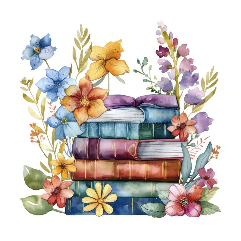 Stack of Books with Floral Background in Watercolor Art Stock ...