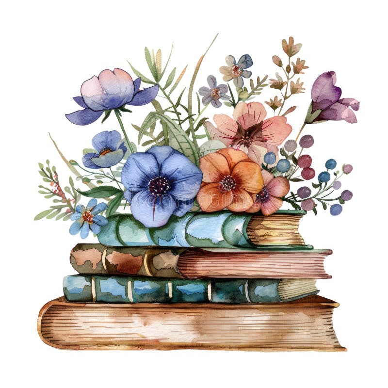 Stack of Books with Floral Background in Watercolor Art Stock ...