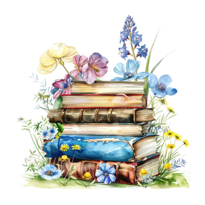 Stack of Books with Floral Background in Watercolor Art Stock ...
