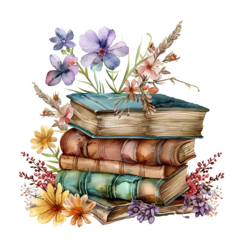 Stack of Books with Floral Background in Watercolor Art Stock ...