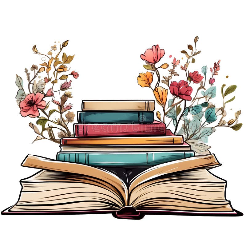 Stack of Books with Flowers and Open Book. World Book Day, Education ...