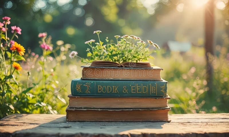 Stack Books with Flowers on Top Stock Illustration - Illustration of ...