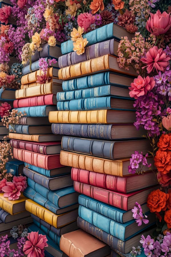 A Stack of Books with Flowers on Top of Them Stock Photo - Image of ...