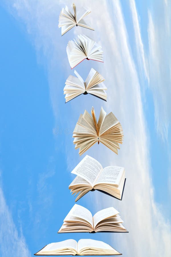 Flock of Flying Books in Blue Sky Stock Image - Image of illusory ...