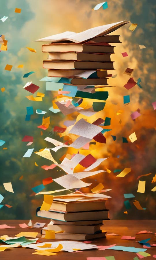 Stack of Books with Flying Pages and Colorful Confetti in a Vibrant ...