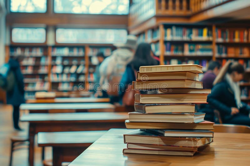 Stack of Books in Foreground with Students Studying in the Blurred ...