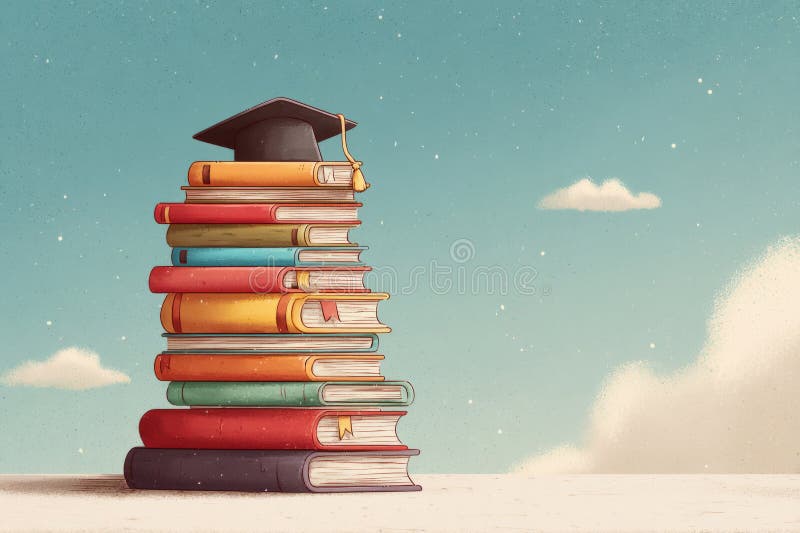 Stack of Books Gently Piling Up with a Graduation Cap Appearing on Top ...