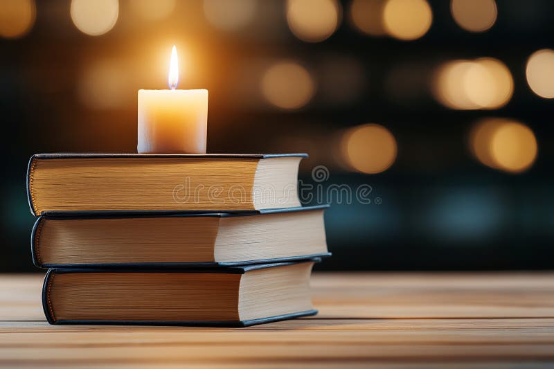 Stack of Books with Glowing Candle on Top. International Day of ...