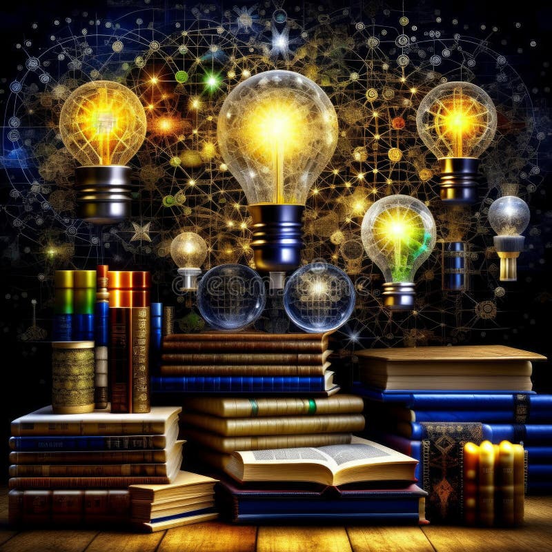 Stack of Books with Glowing Light Bulbs. Stock Illustration ...