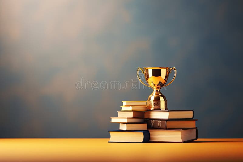 Stack of Books with Golden Cup Trophy. Academic and School Knowledge ...